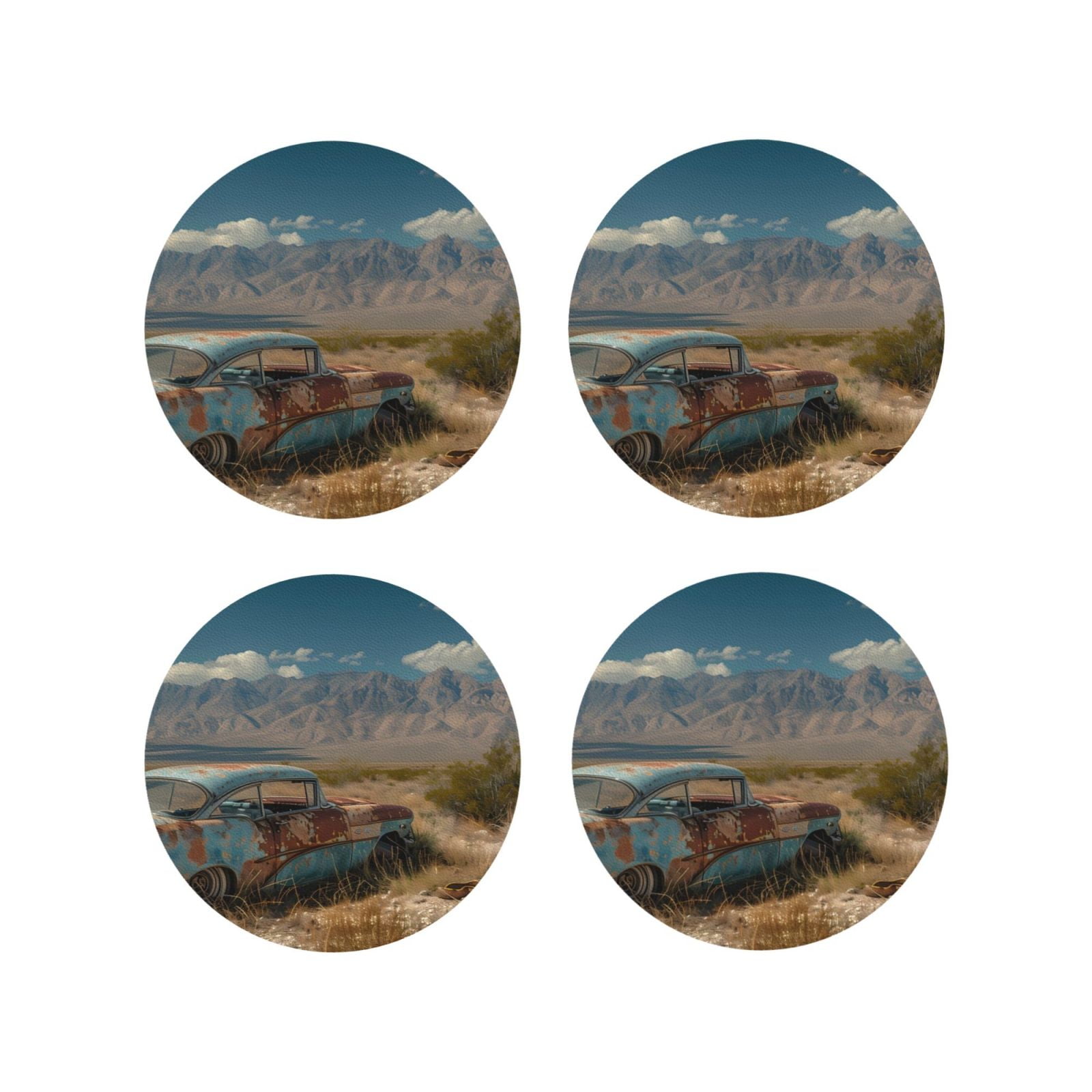 Matuu Deserted Classic Car Landscape for Cup Coasters Set of 4 Leather ...