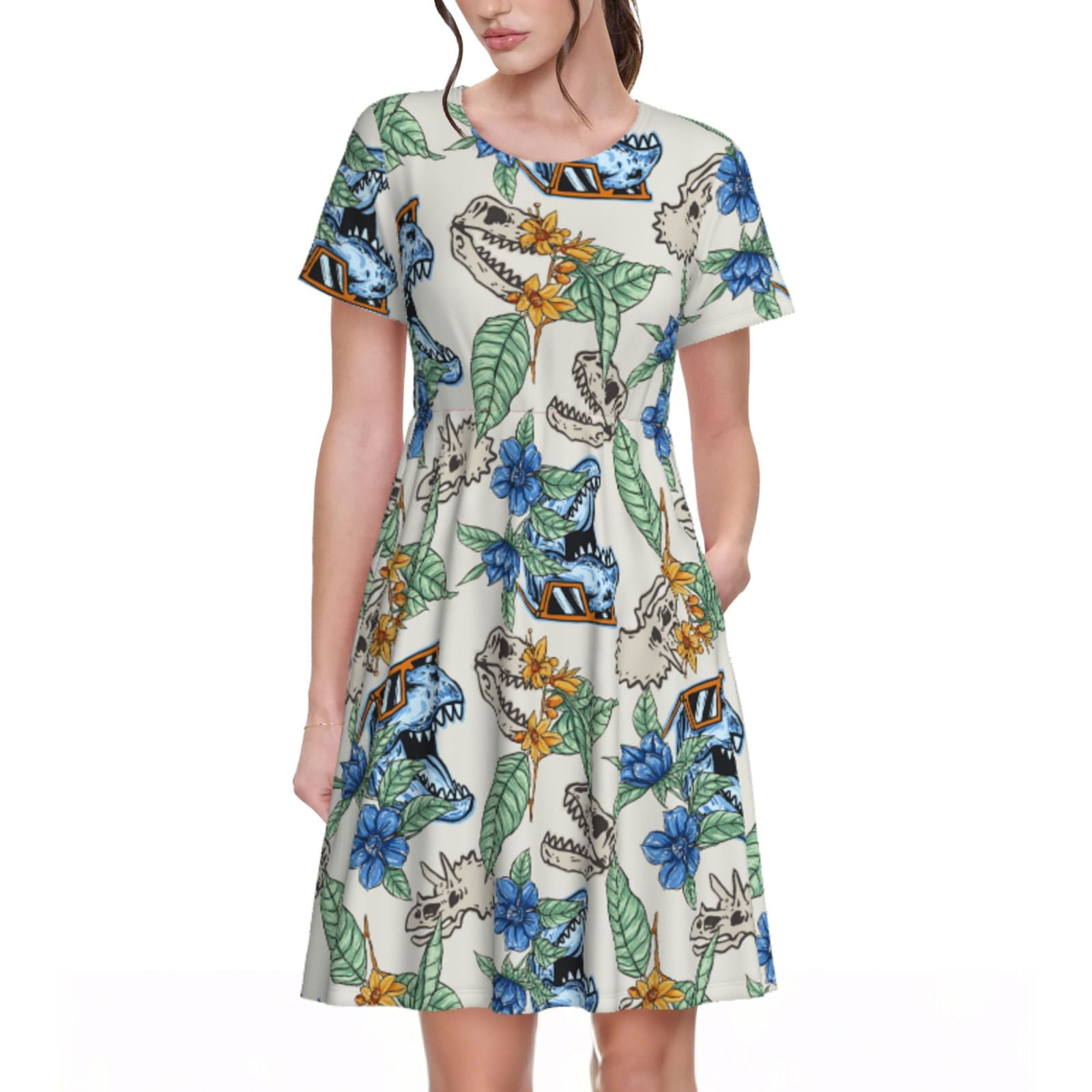 Matuu Dinosaurs And Leaves for Summer Dress for Women with Pockets ...