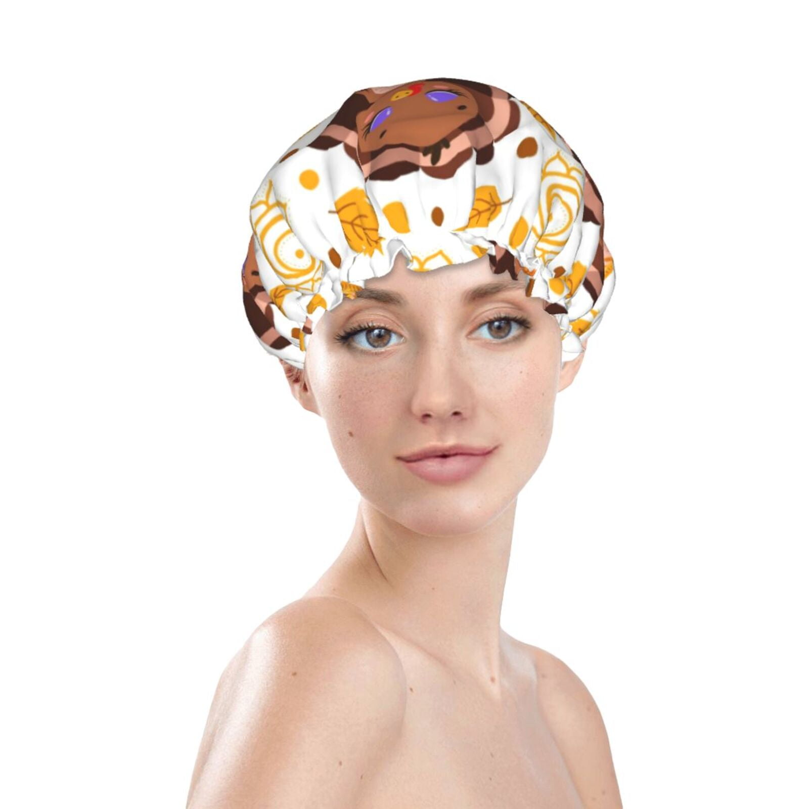 Matuu Fall Turkey Print Double Layer Elastic Waterproof Shower Cap