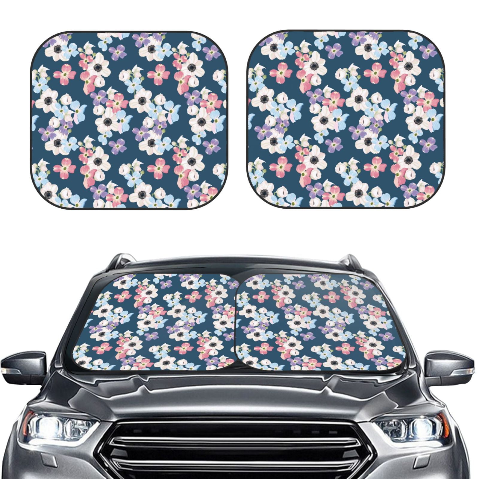 Matuu Flowers Print 2 Piece Car Windshield Sun Shade Foldable | Front ...