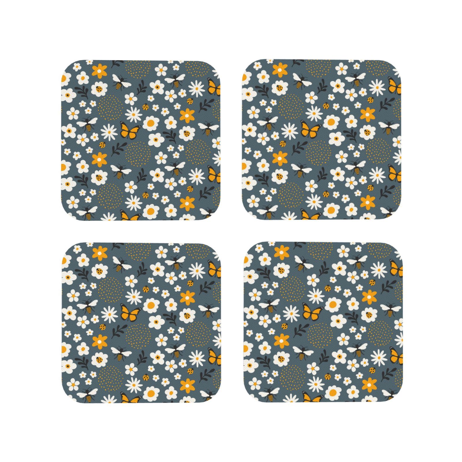 Matuu Flowers and Bee for Cup Coasters Set of 4 Leather Coasters Desk ...