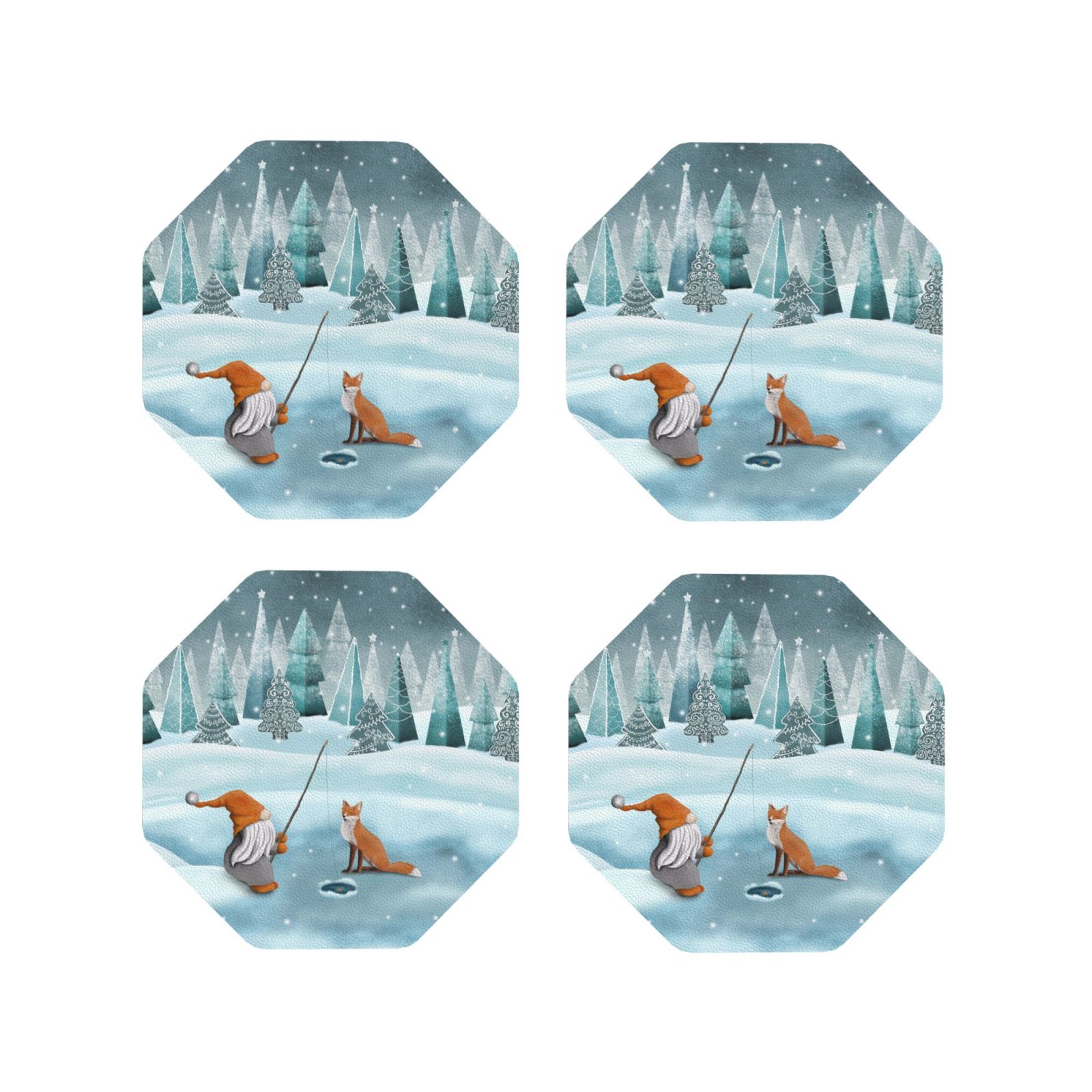Matuu Gnome And Red Fox Fishing for Cup Coasters Set of 4 Leather ...