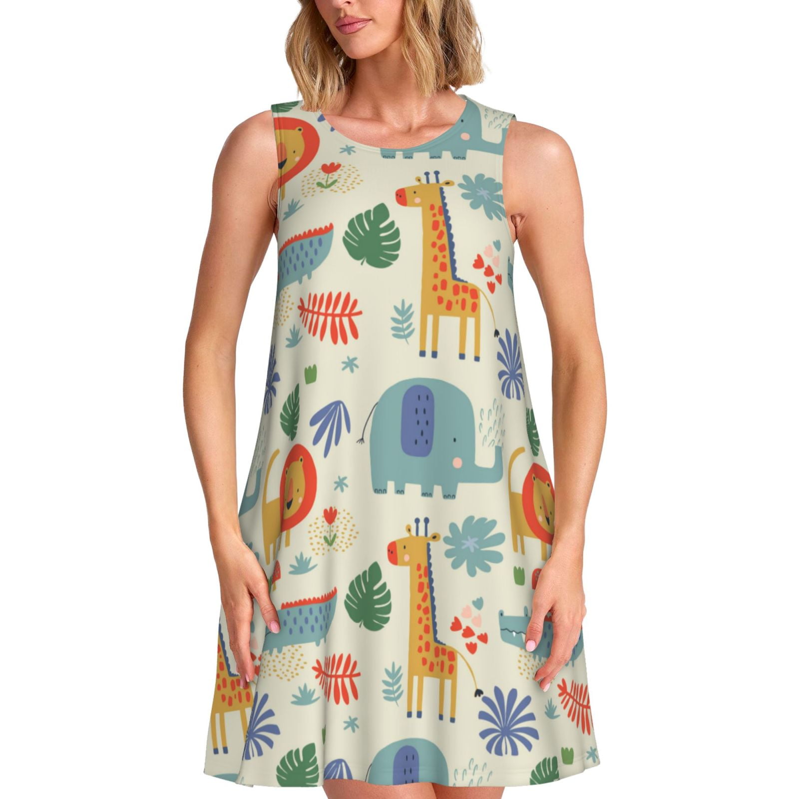 Matuu Jungle Animals for Summer Sleeveless Dress for Women with Pockets ...