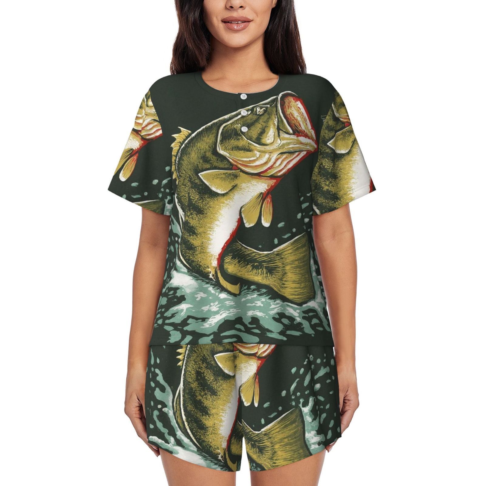Matuu Largemouth Bass jumps out of water for Women's Pajama Set Soft Short Sleeve Pajama Set ...