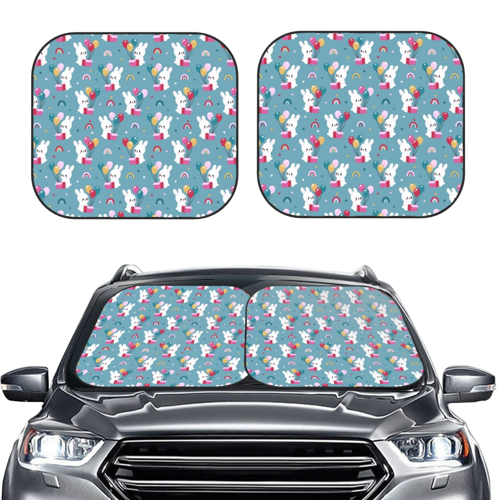 Matuu Rabbit And Rainbow Print 2 Piece Car Windshield Sun Shade ...