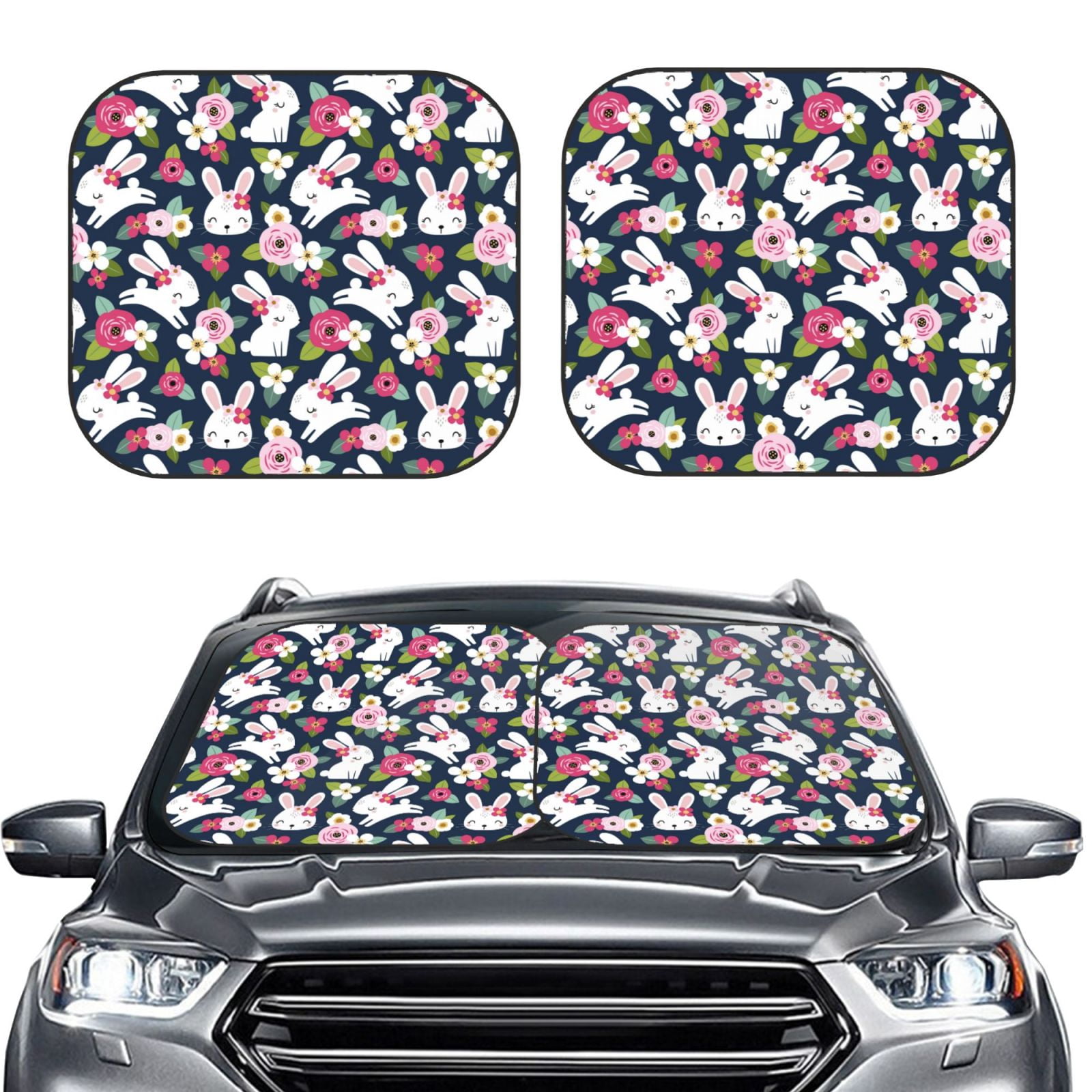 Matuu Rabbit And Rose Print 2 Piece Car Windshield Sun Shade Foldable ...