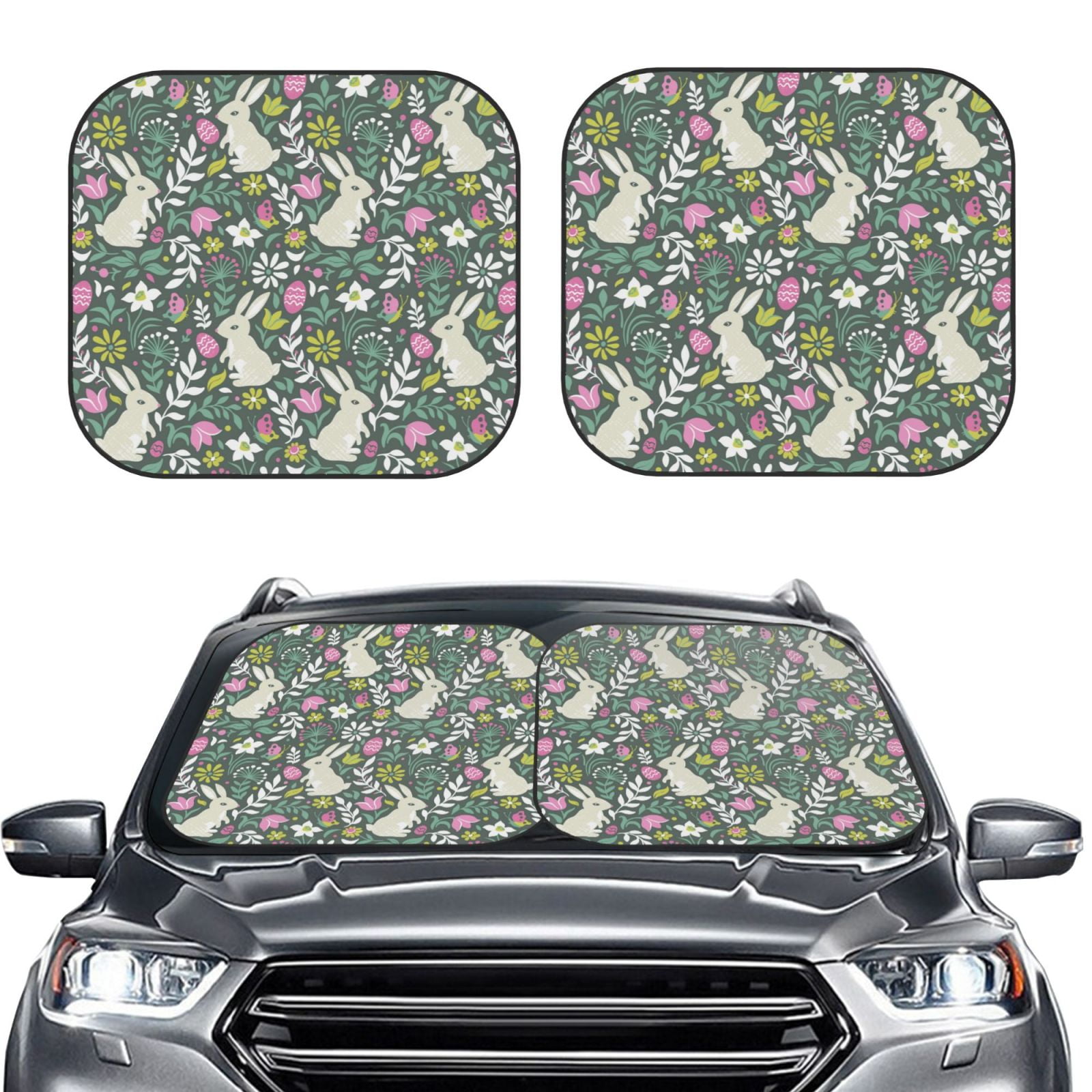 Matuu Retro Bunny Floral Print 2 Piece Car Windshield Sun Shade ...