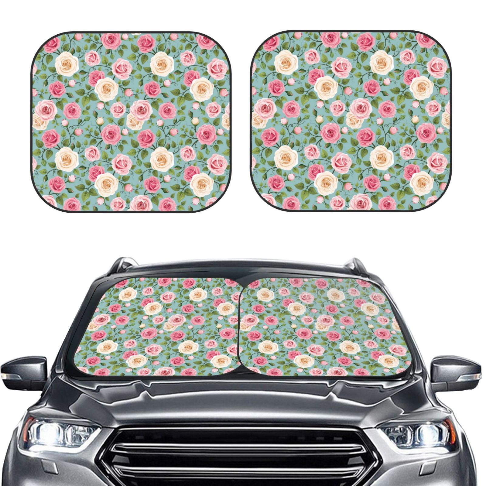 Matuu Rose Flowers Print 2 Piece Car Windshield Sun Shade Foldable ...