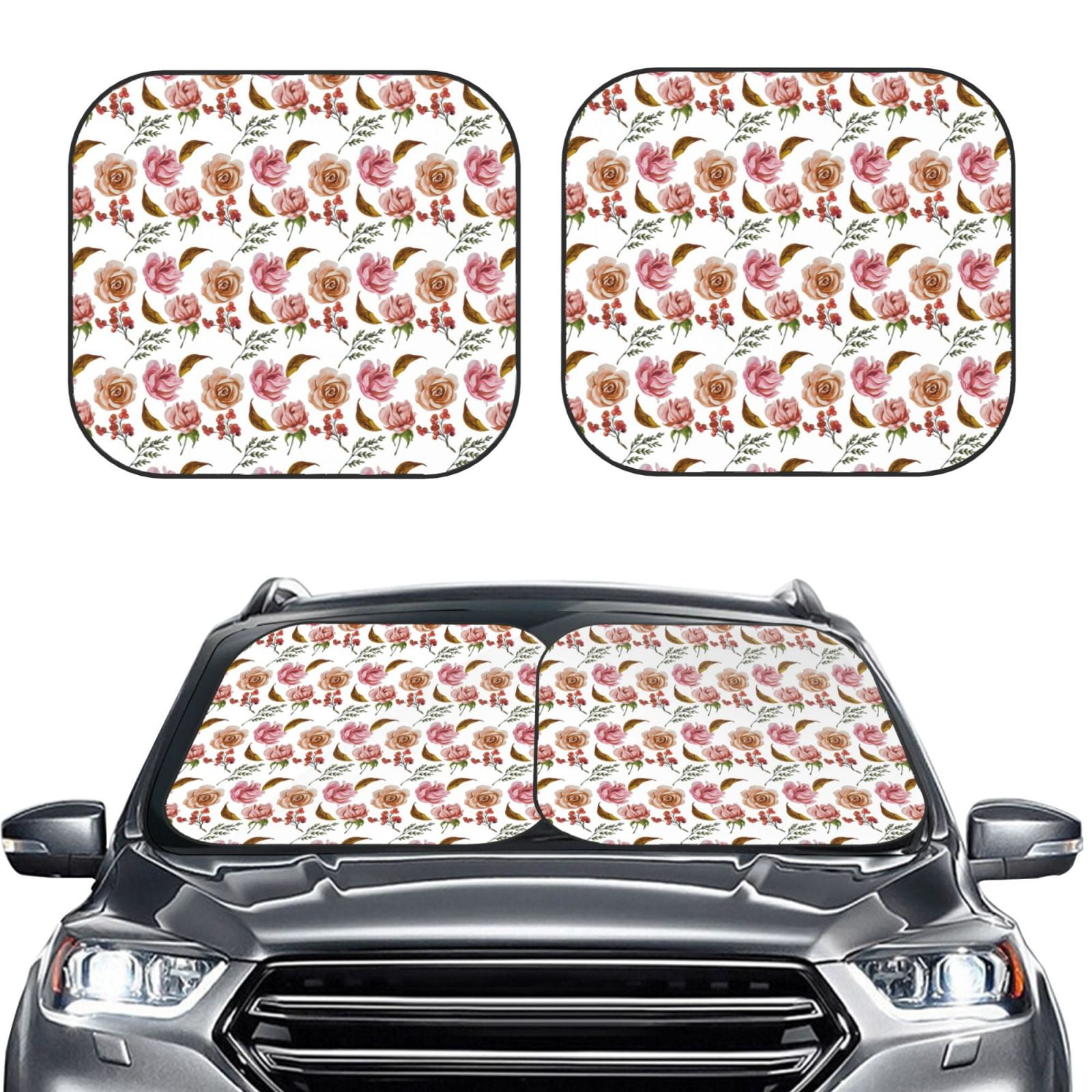 Matuu Rose Flowers Print 2 Piece Car Windshield Sun Shade Foldable ...