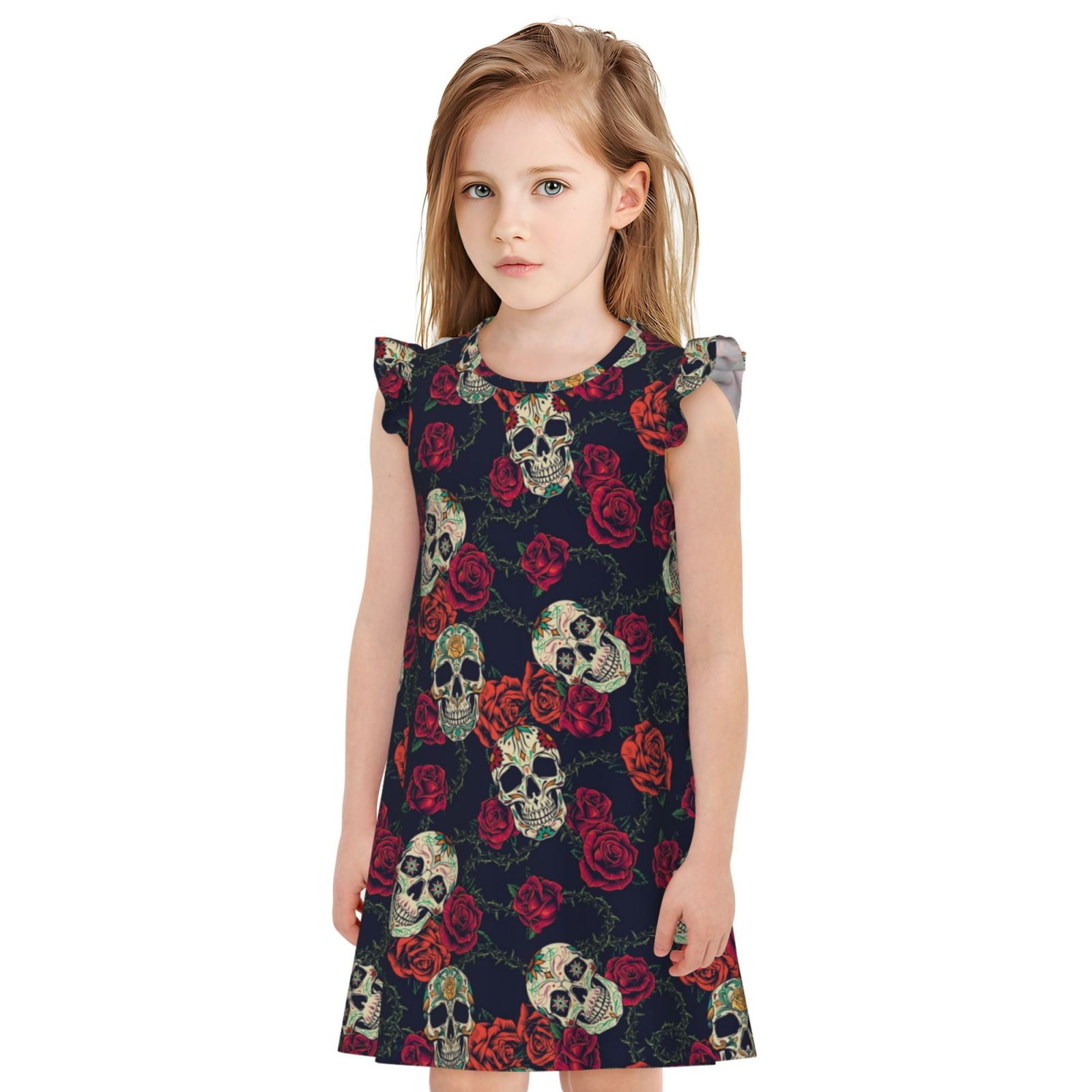 Matuu Roses Skulls for Girls Nightgowns Pajamas Dress,Flutter Short ...