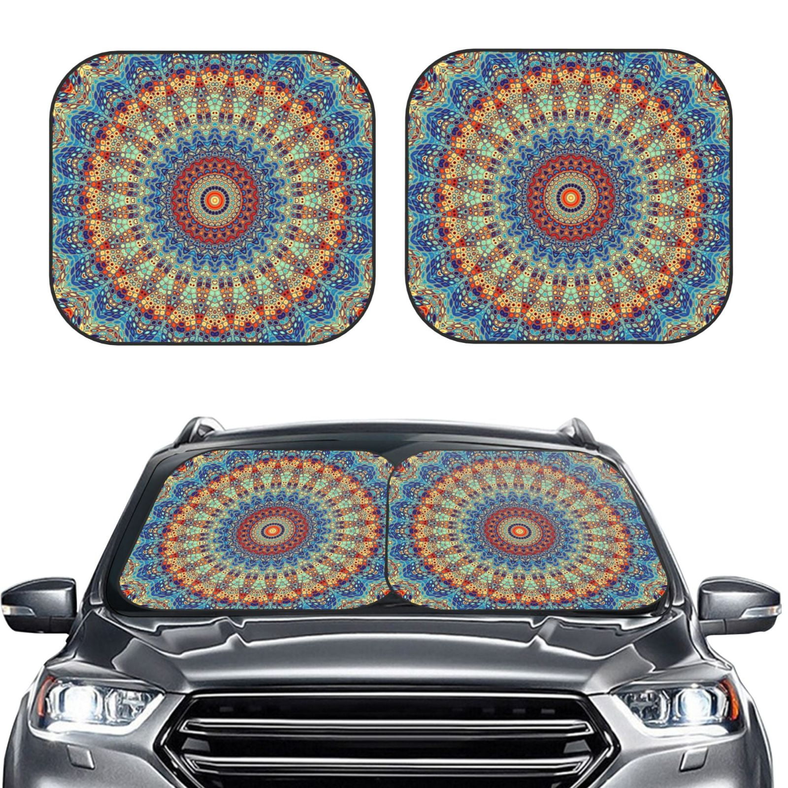 Matuu Round Mandala 2 Piece Car Windshield Sun Shade Foldable | Front ...
