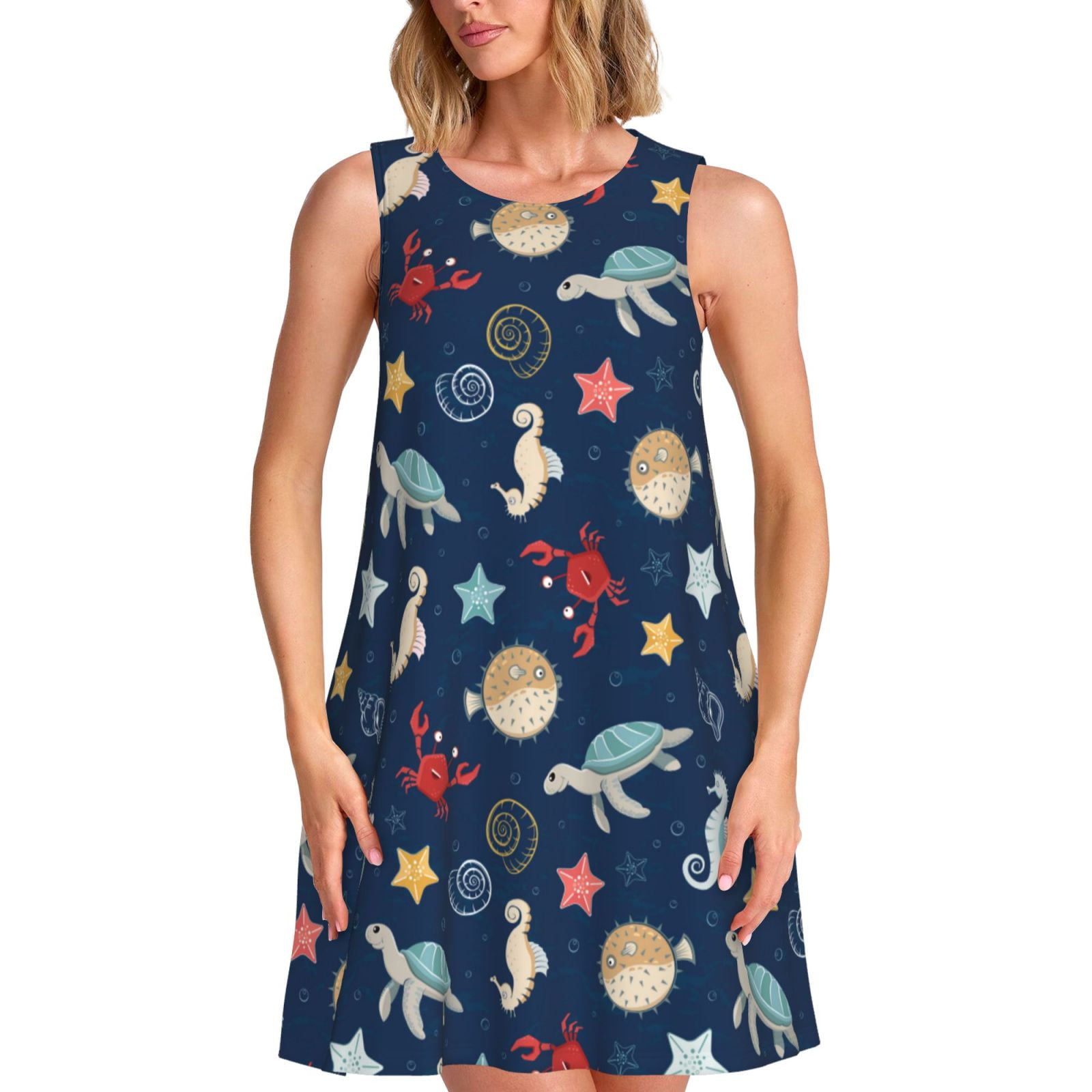 Matuu Sea Creatures for Summer Sleeveless Dress for Women with Pockets ...