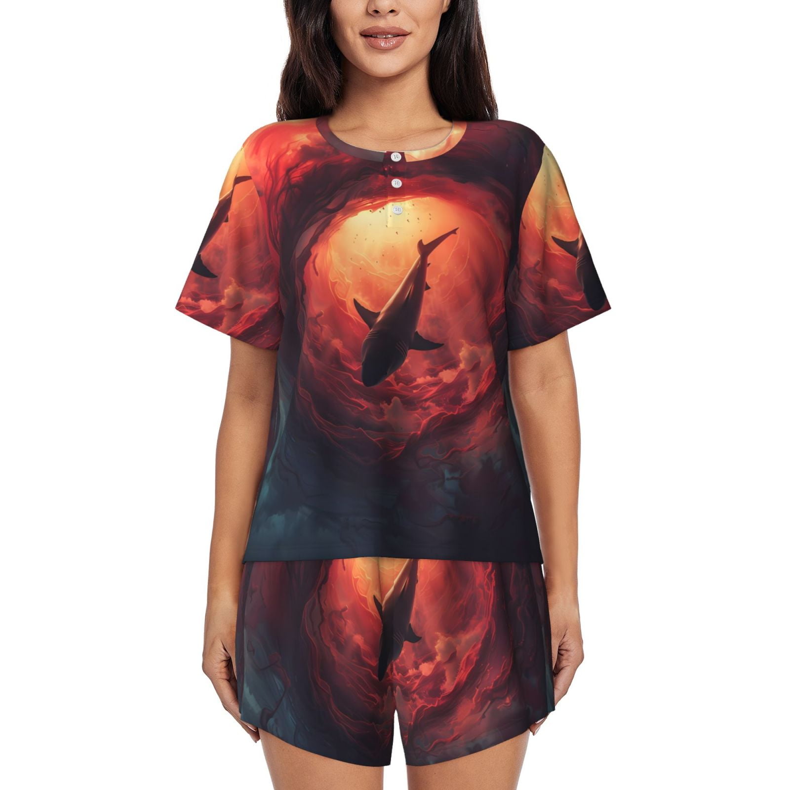 Matuu Shark Underwater Vortex for Women's Pajama Set Soft Short Sleeve Pajama Set with Casual ...