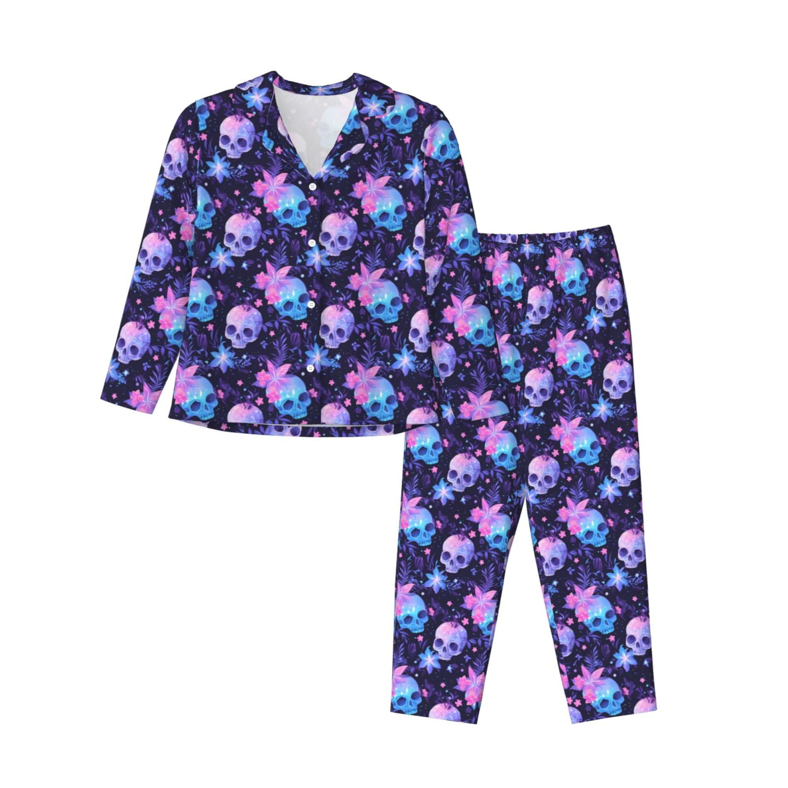 Matuu Skull starry sky flower leaf for Women's Long-Sleeved Pajama Set ...
