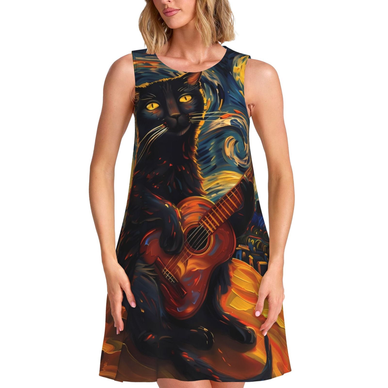 Matuu Starry Night Cat Guitarist for Summer Sleeveless Dress for Women ...