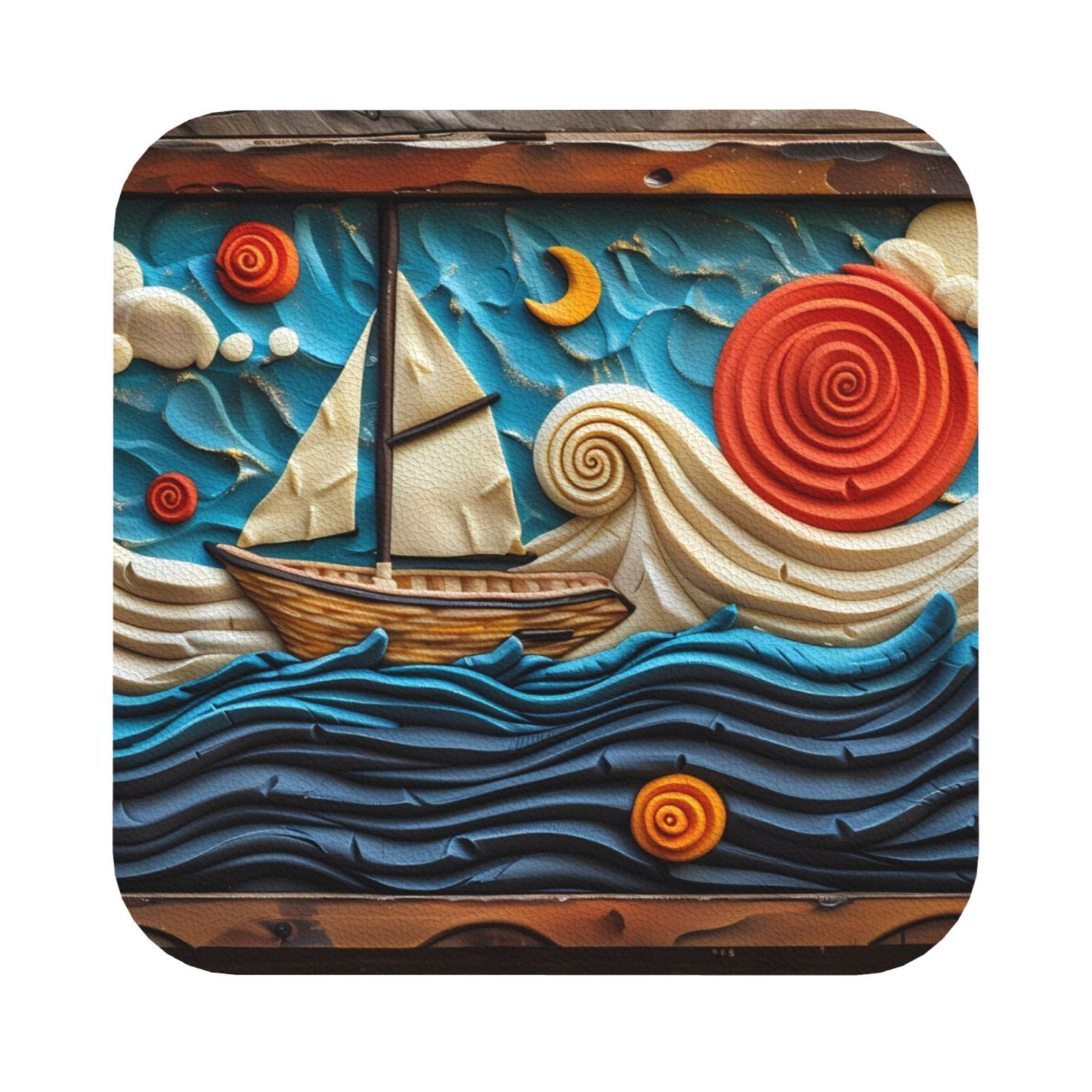 Matuu Whimsical Sailboat Ocean Art for Cup Coasters Set of 6 Leather ...