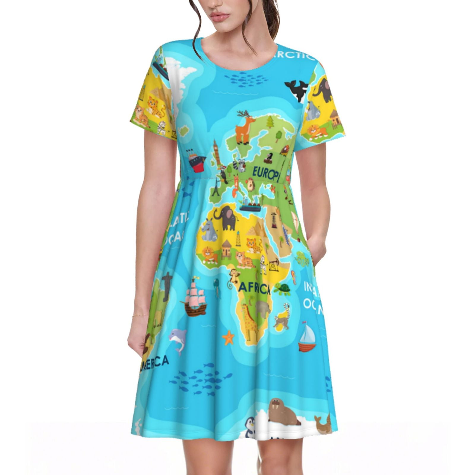 Matuu World Map With Animals Landmarks for Summer Dress for Women with ...