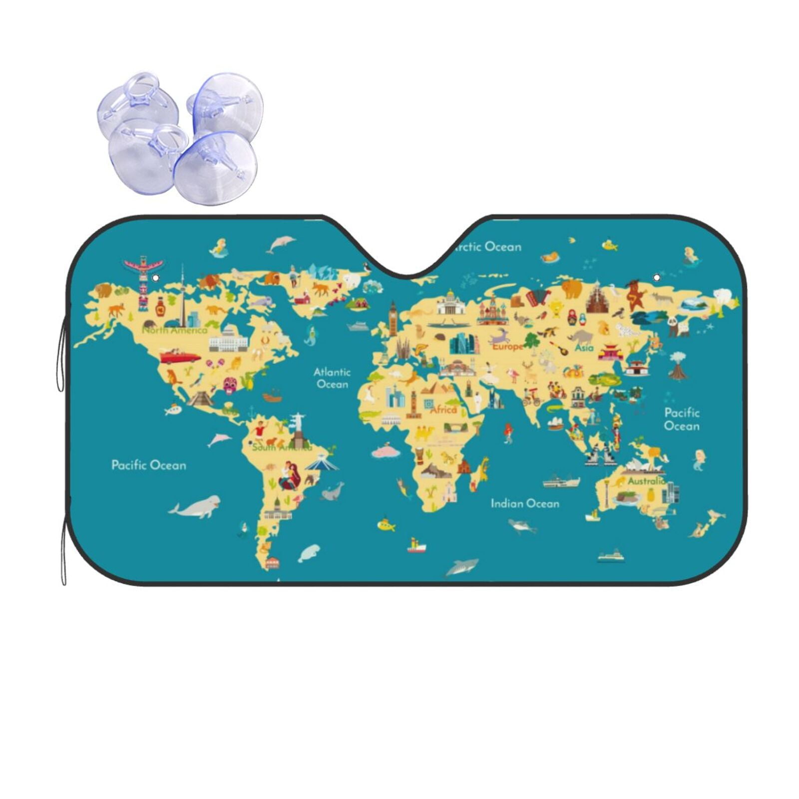 Matuu World Map With Landmarks Print Foldable Front Window Car ...