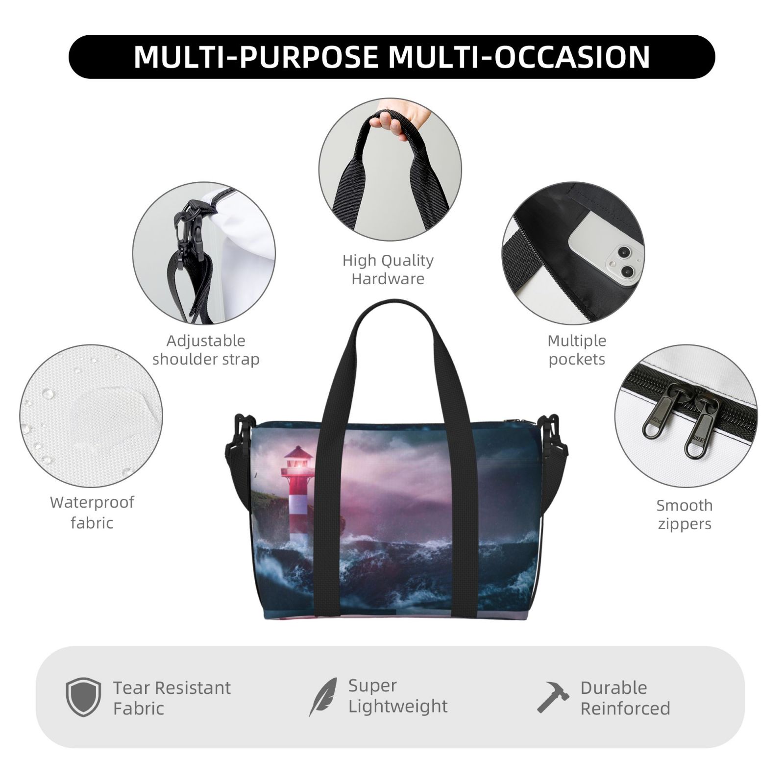 Matuu lighthouse Waves Torrential Rain for Travel Duffel Bag, for Men ...