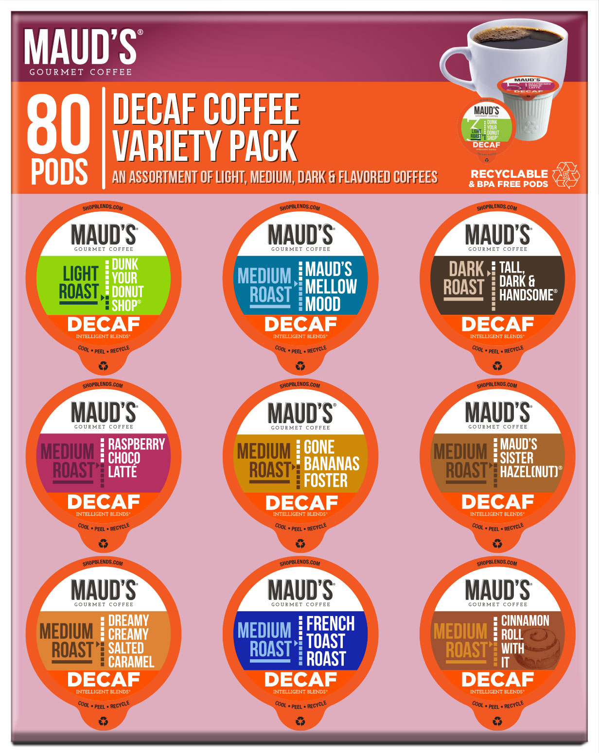 Maud's Decaf Gourmet Coffee Single Serve Cups, Variety Pack (72 ct ...
