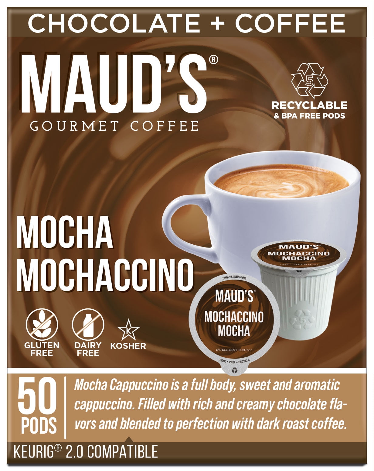 Maud's Chocolate Mocha Cappuccino Coffee Pods, Mochaccino, Compatible w ...
