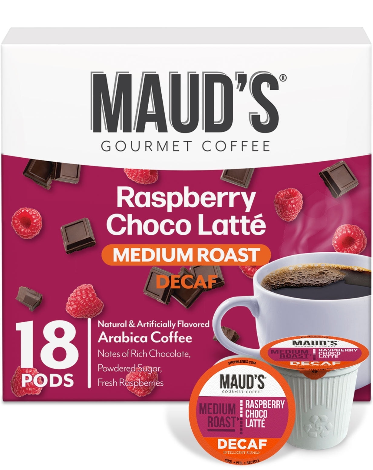 Maud's Decaf Raspberry Chocolate Medium Roast Coffee Pods, Raspberry Choco Latte, Compatible w ...