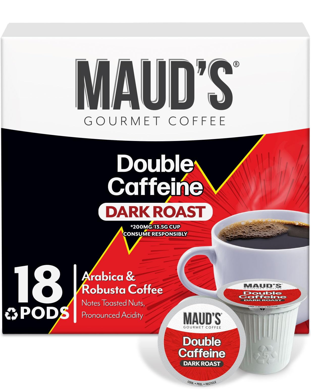 Maud's Double Caffeine Coffee Pods, 18 ct, Dark Roast Coffee in ...