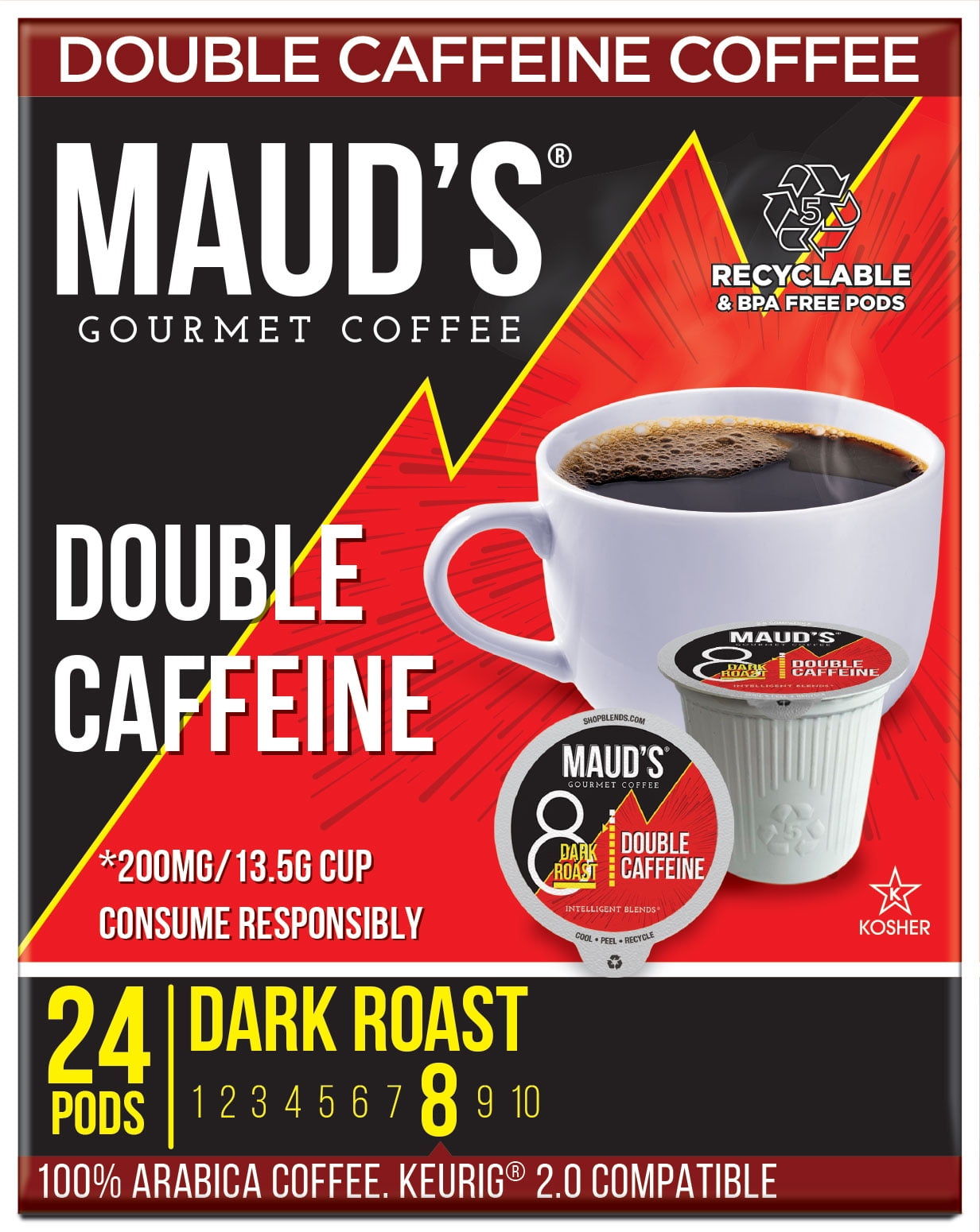 Maud's Double Caffeine Dark Roast Coffee, 2X Caffeine, K-Cups ...