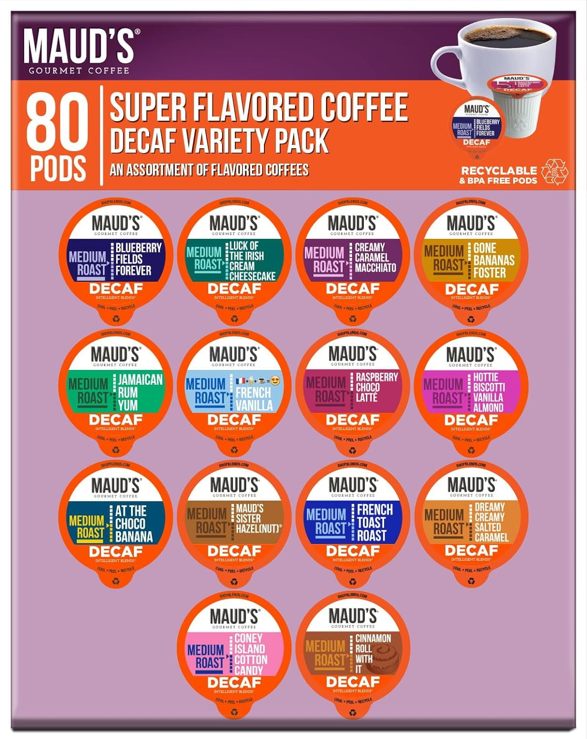 Maud's Flavored Decaf Coffee Pods Variety Pack, 80 ct,14 Assorted ...