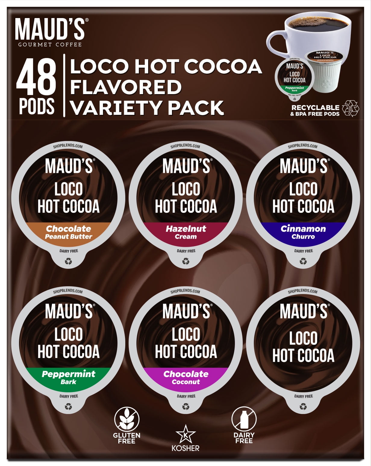 Maud's Hot Chocolate Pods Variety Pack, Loco Hot Cocoa, Peppermint ...