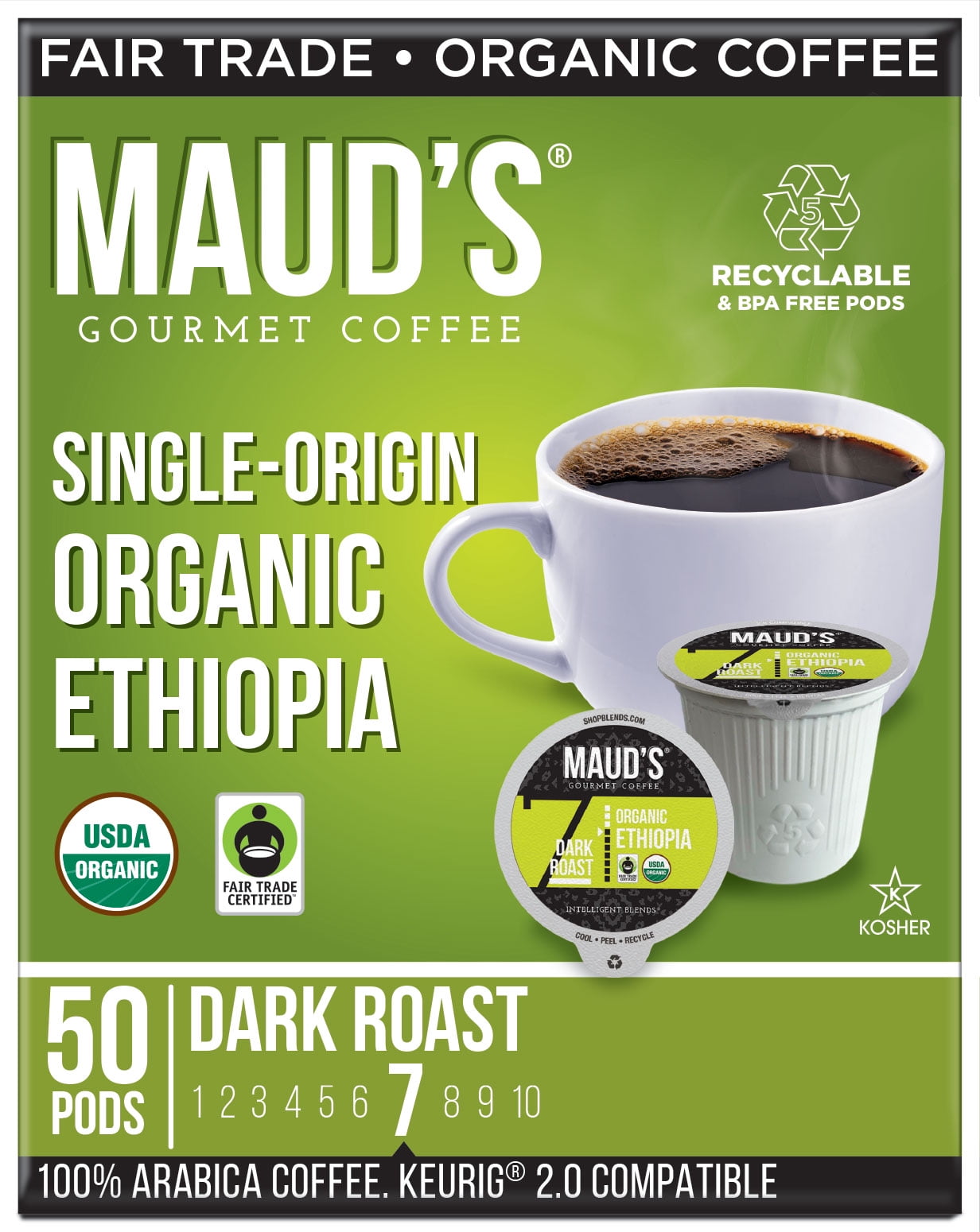 Maud's Organic Ethiopian Coffee (Dark Roast Coffee), 50ct. Solar Energy ...