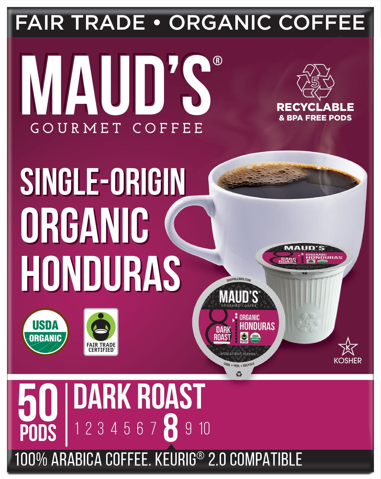 Maud's Organic Honduran Coffee (Organic Dark Roast Coffee), 50ct. Solar ...
