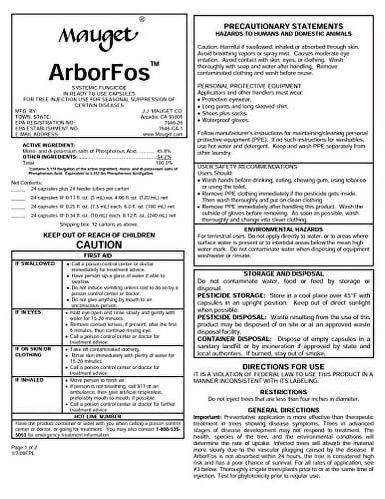 Mauget ArborFos 5ml, Tree Injector, Fungicide, Containing Phosphorous ...