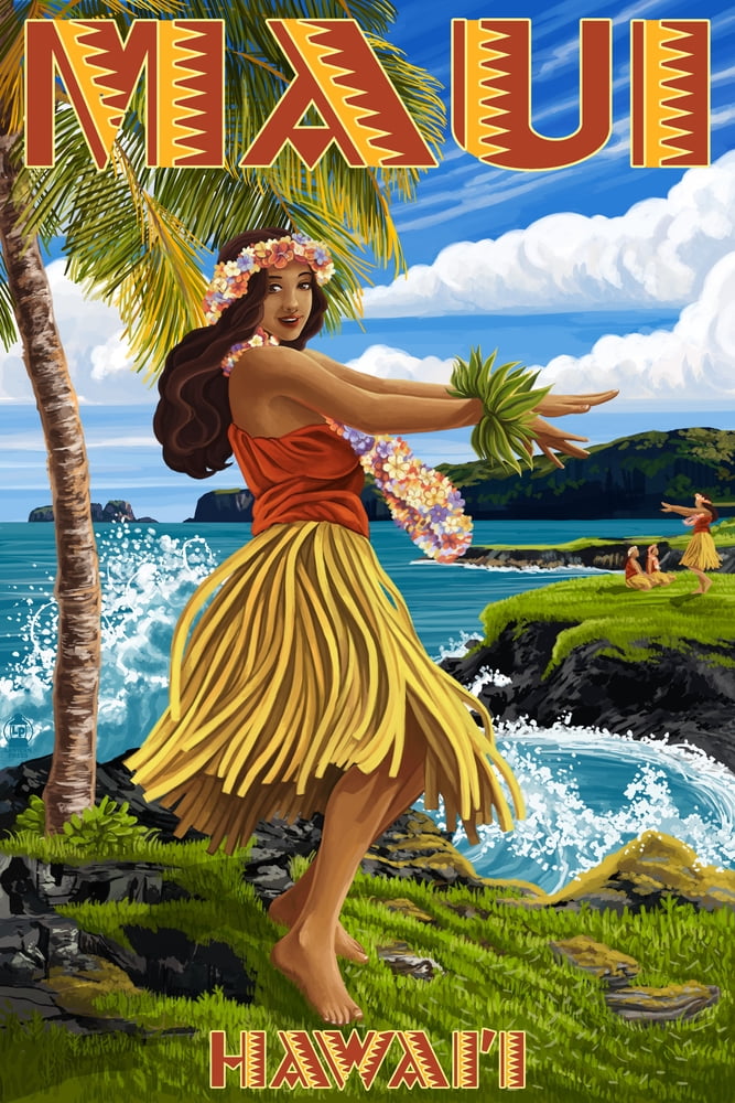 Maui, Hawaii, Hula Girl on Coast (16x24 Giclee Gallery Art Print, Vivid ...