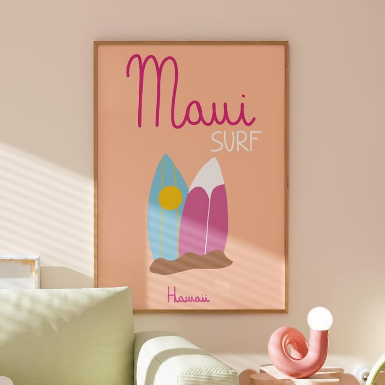 Maui Poster, Preppy Travel Wall Art, Minimal Tropical Print, Preppy ...