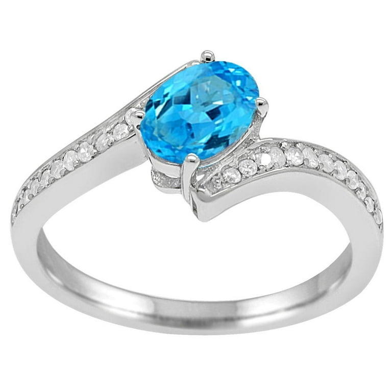 Mauli Jewels Rings for Women 1 Carat Blue Topaz and Diamond Wedding Engagement Ring 4 Prong 10k Solid White Gold