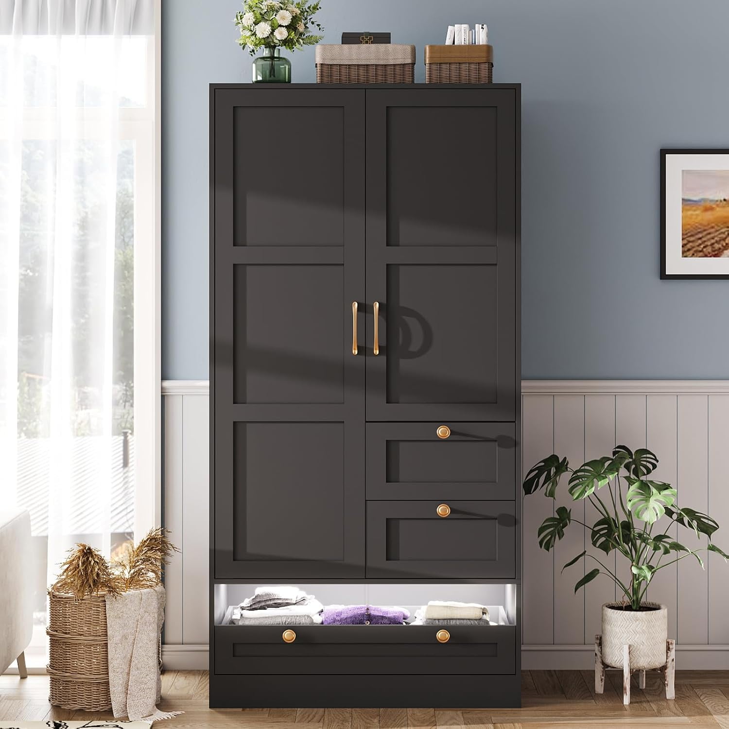 Maupvit 2 Doors Armoire Wardrobe Closet with Drawers and LED Lights ...