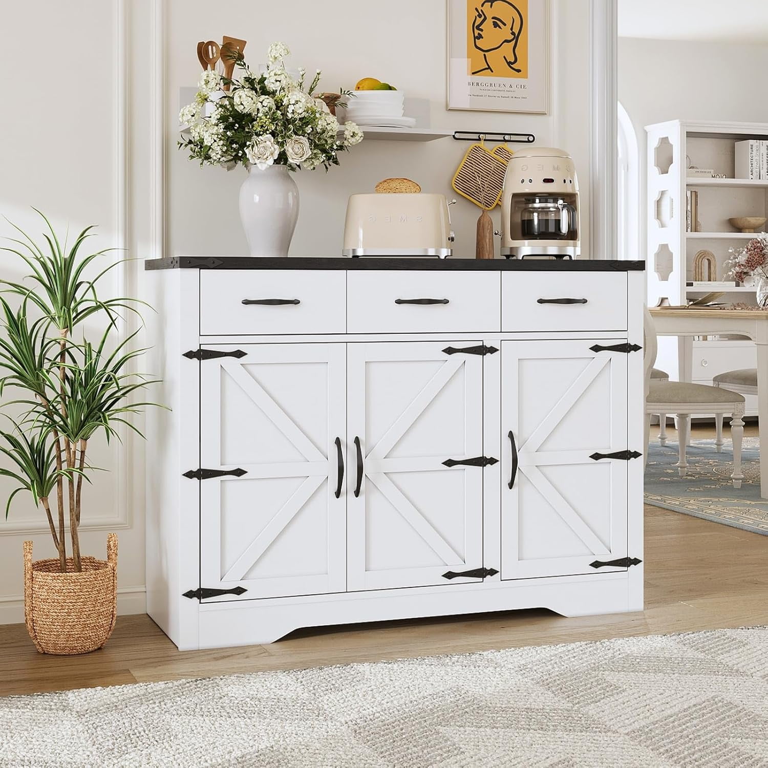 Maupvit 42.5" Sideboard Buffet Cabinet with Storage,Farmhouse Coffee Bar Cabinet with 3 Drawers ...