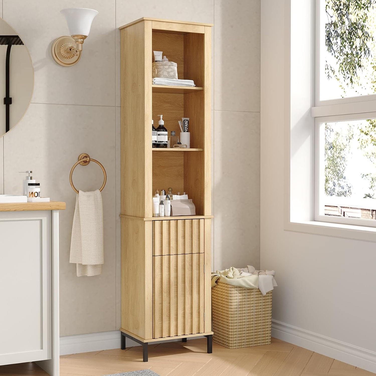 Maupvit 68" Tall Modern Boho Bathroom Towel Storage Cabinet with Drawer ...