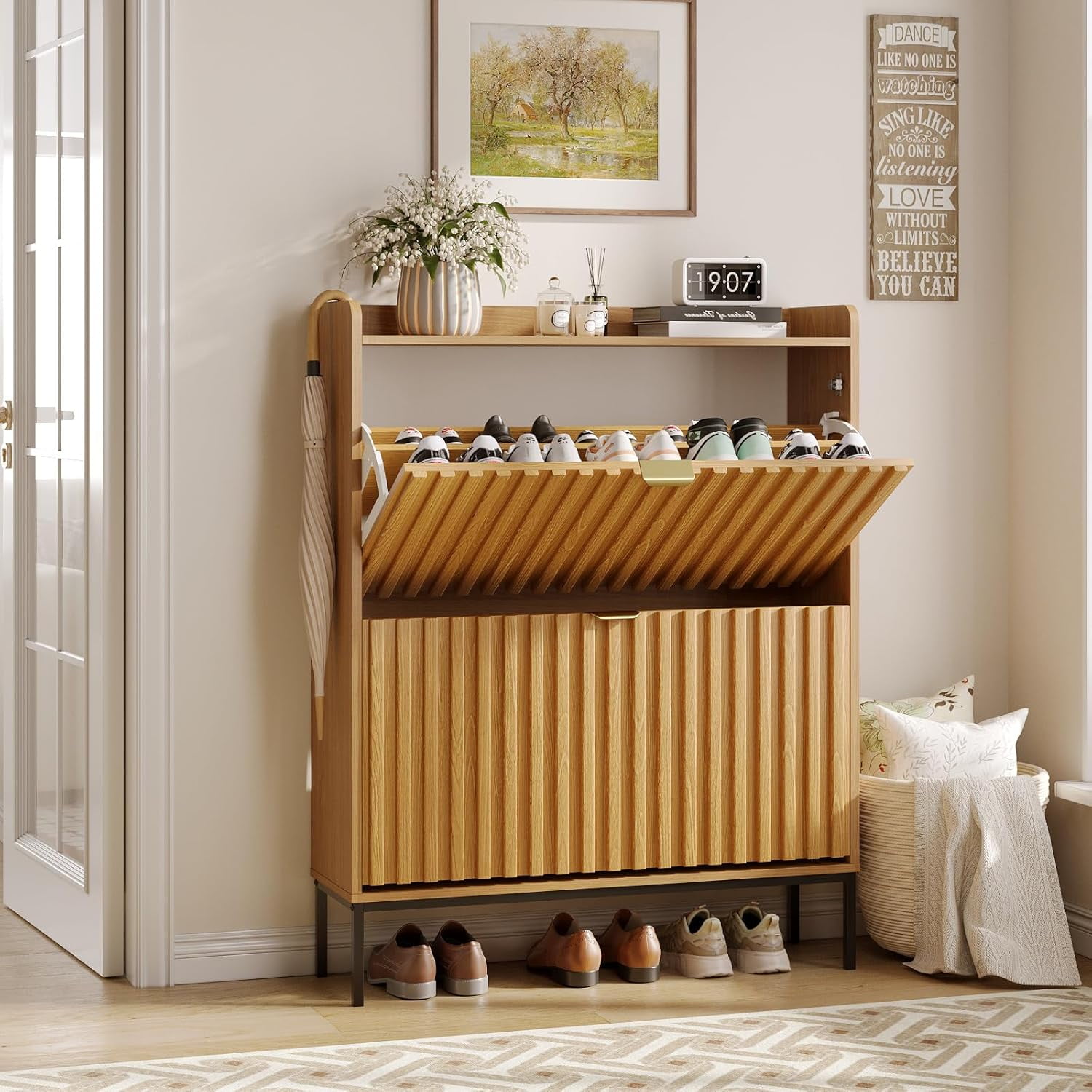 Maupvit Fluted Shoe Storage Cabinet with 2 Flip Drawers, Freestanding ...