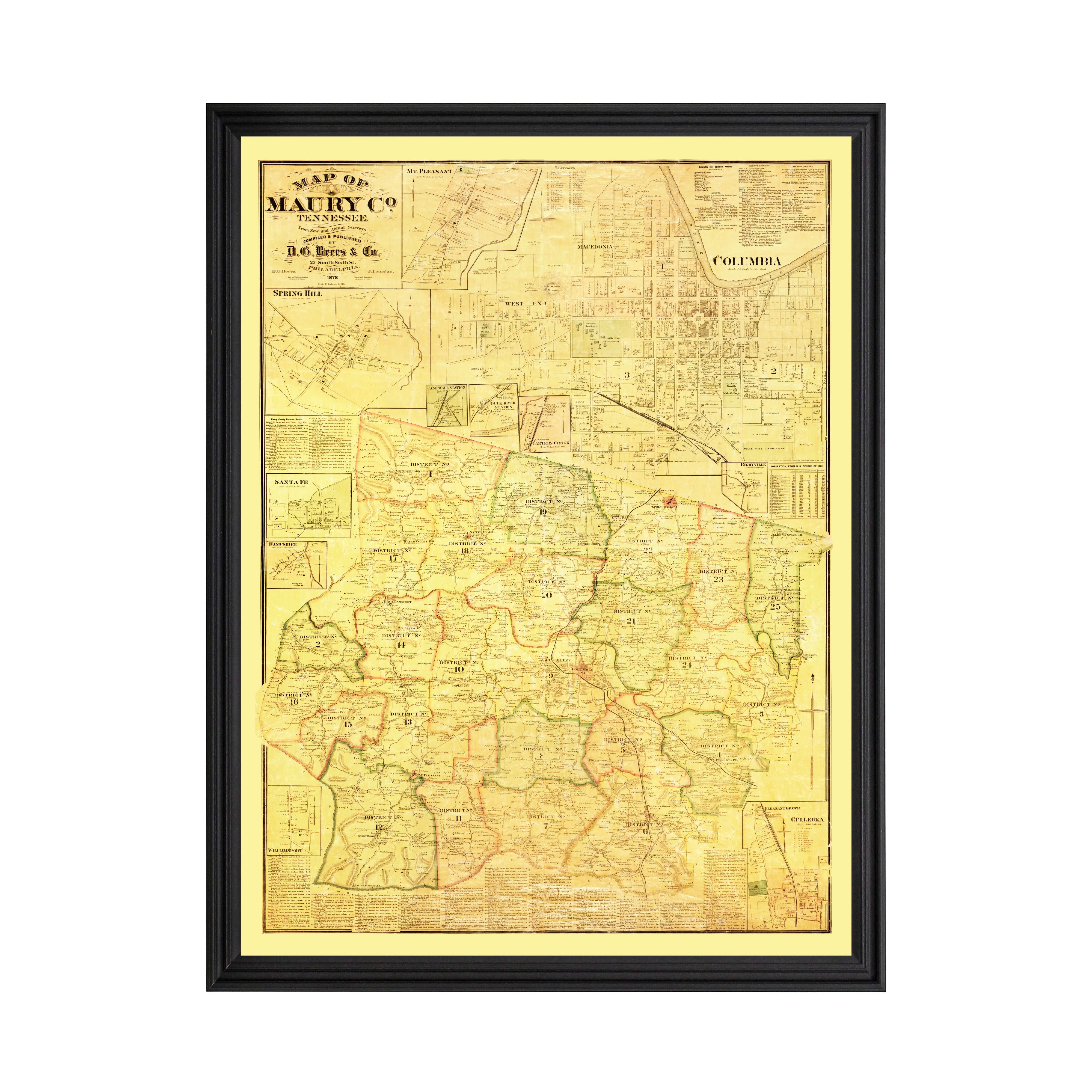 Maury County Tennessee Art, 1878 Vintage Map of Maury County TN History ...