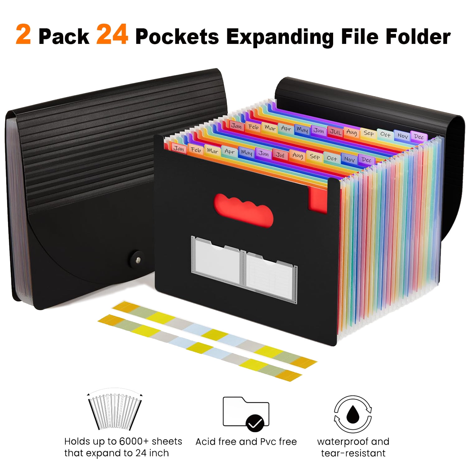"Maustic 2 Pack Expanding File Folder, 24 Pockets, Black Accordion ...