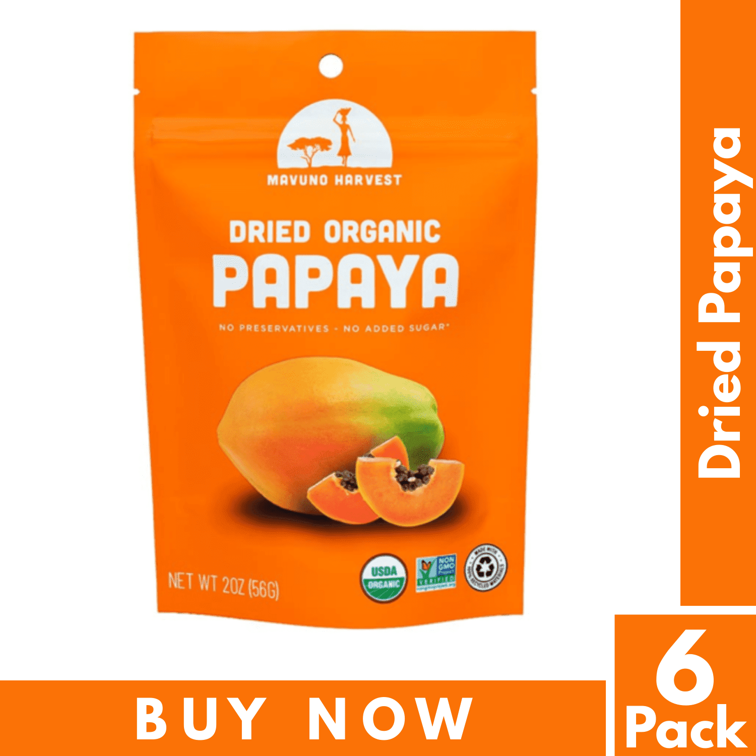 Mavuno Harvest Organic Dried Papaya – 2 oz Packs, 6 Count, Naturally ...