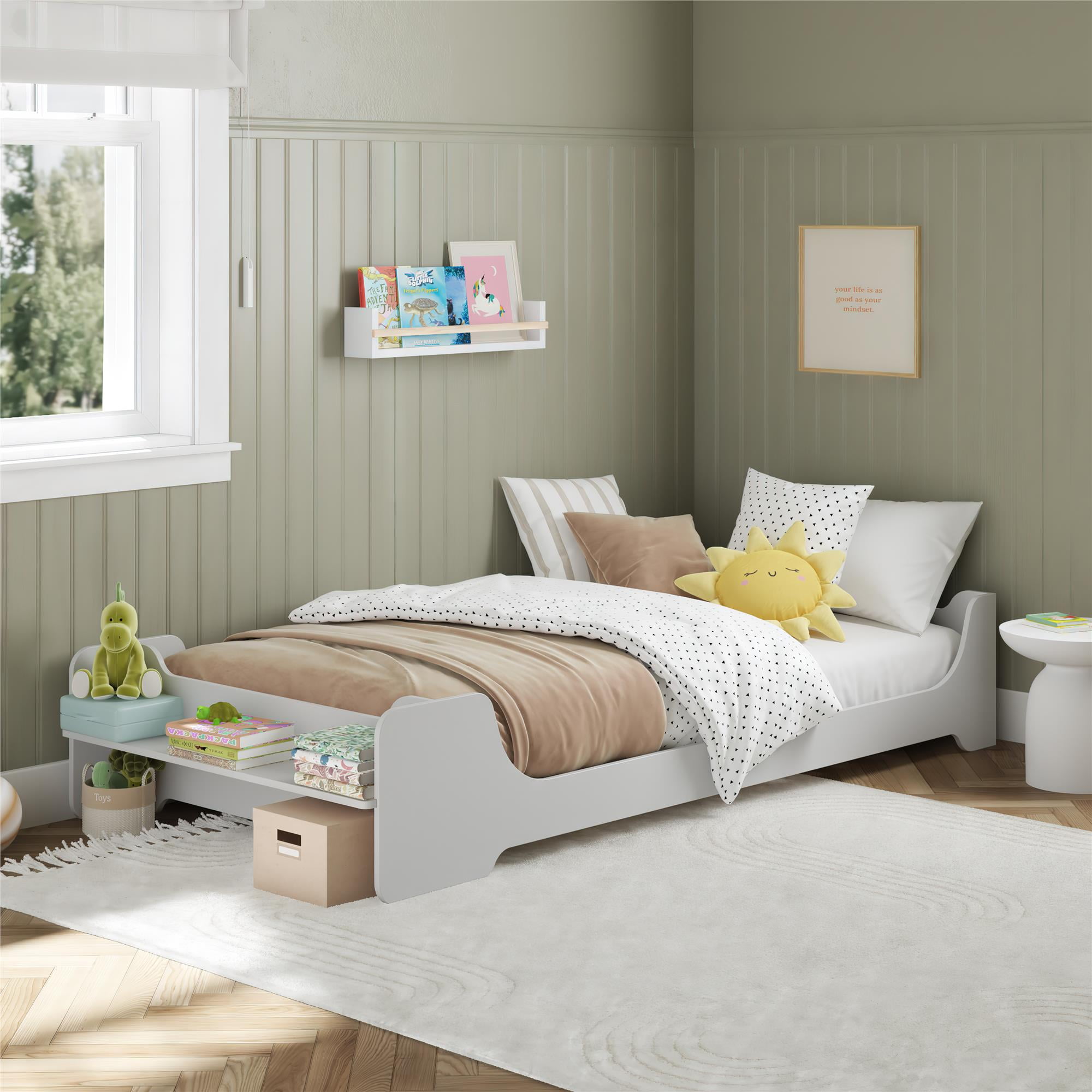 Max & Finn Murdock Kids Montessori Floor Bed with 2 Heights and Shelf ...