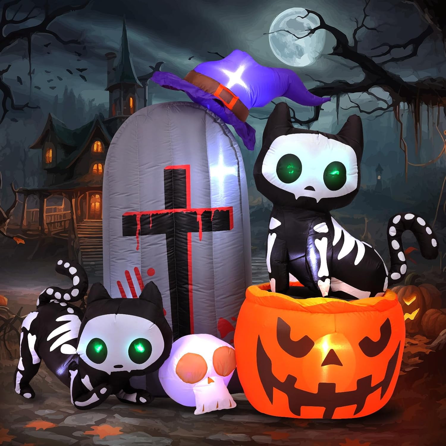 Max Fun 6FT Halloween Inflatables Skeleton Cat Pumpkin with LED Build ...