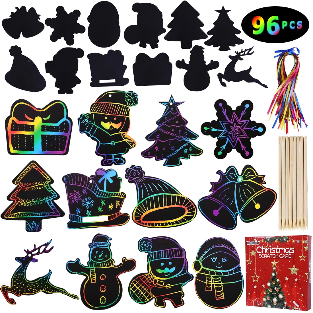 Max Fun Rainbow Color Scratch Christmas Ornaments 96 Counts Craft Kit ...