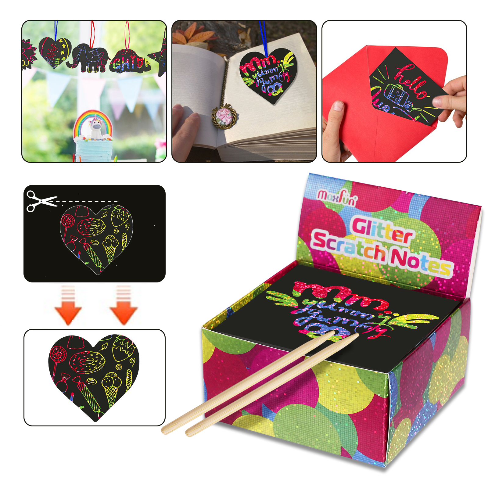 Max Fun Rainbow Glitter Magic Scratch Art Notes 150 Sheets 2 Wooden ...