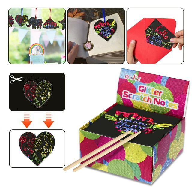 Max Fun Rainbow Glitter Magic Scratch Art Notes 150 Sheets 2 Wooden ...