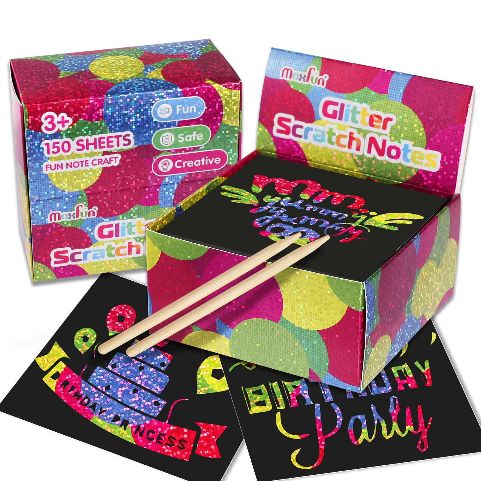Max Fun Rainbow Glitter Magic Scratch Art Notes 150 Sheets 2 Wooden ...