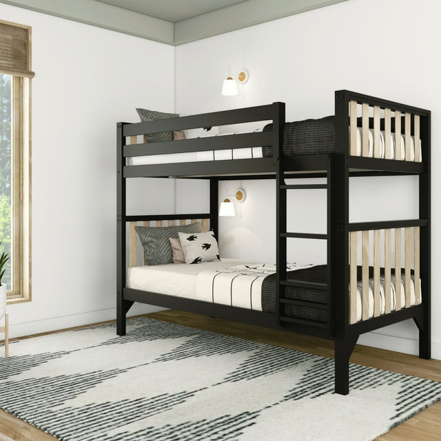 Max & Lily Twin-Size Scandinavian Bunk Bed, Solid Wood & Metal Frame for Kids, Black/Blonde ...
